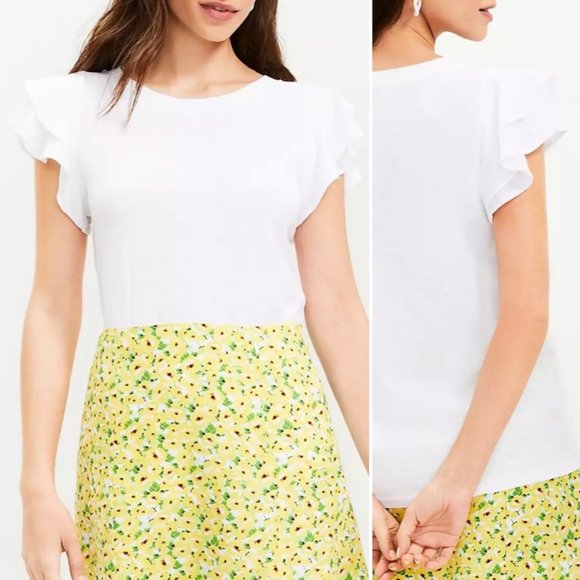 LOFT | Tops | Loft Tiered Ruffle Sleeve Tee Size Xs White Cottonmodal ...
